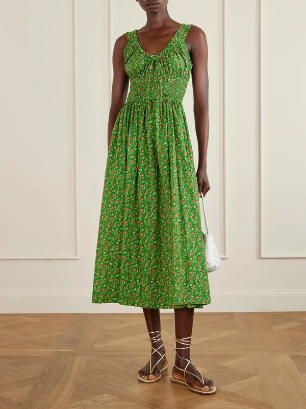 DÔEN Emmaretta Shirred Floral-print Organic Cotton Midi Dress - Green