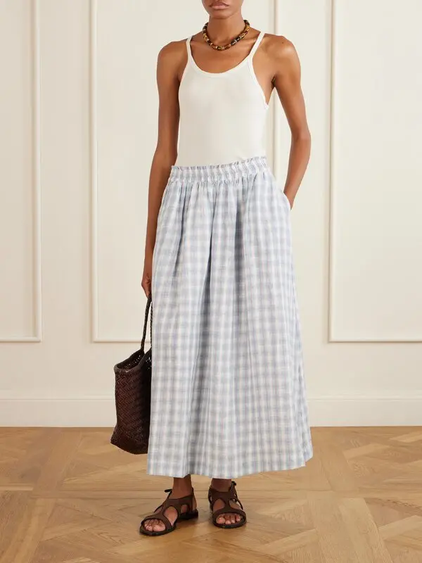 SKALL Pleated Checked Linen Midi Skirt