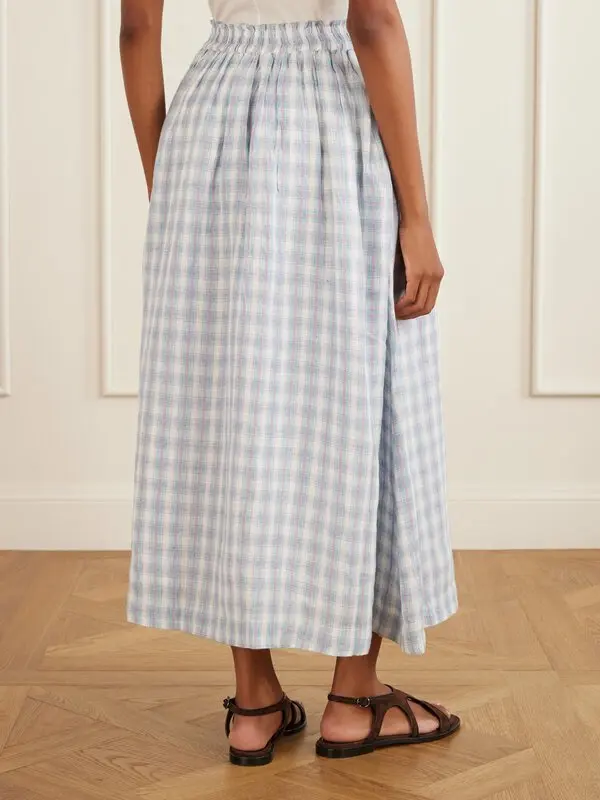 SKALL Pleated Checked Linen Midi Skirt
