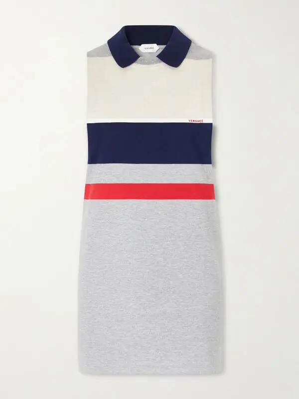 Versace Sleeveless Embroidered Striped Cotton T-shirt - Gray