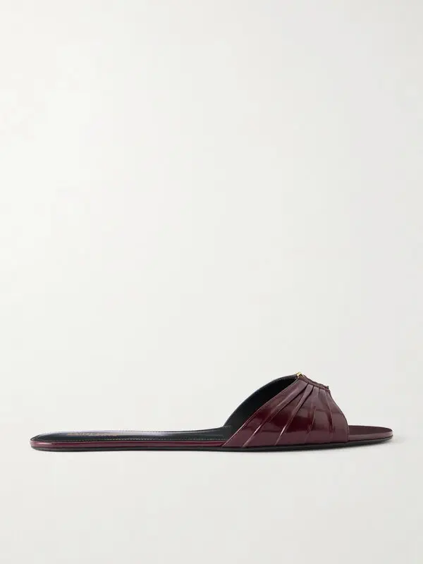 Saint Laurent Embellished Gathered Glossed-leather Slides - Burgundy