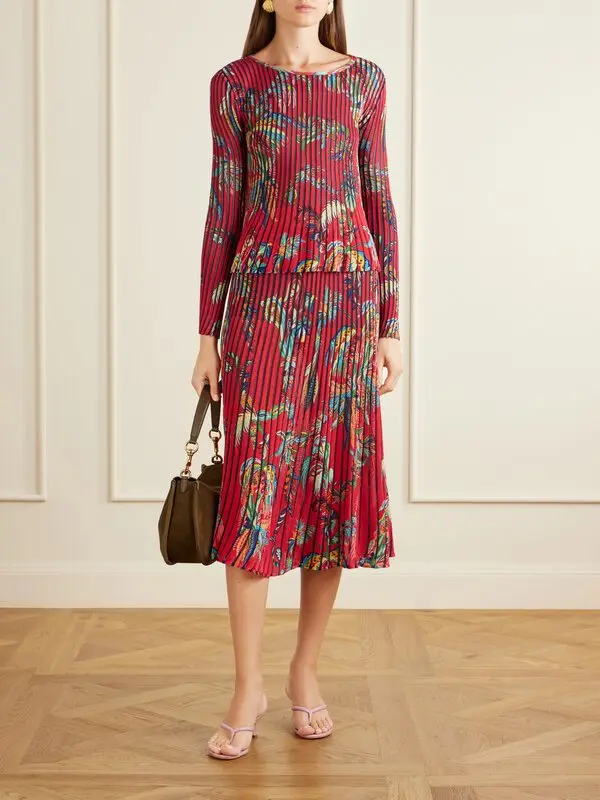 Etro Pleated Knit Midi Skirt With Floral And Paisley Print