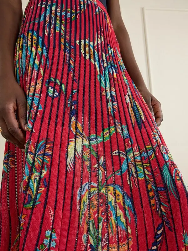 Etro Pleated Knit Midi Skirt With Floral And Paisley Print