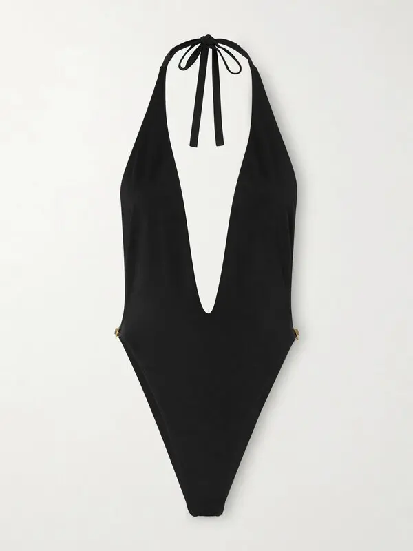 Versace Vita Logo-embellished Halterneck One-piece Swimsuit - Black