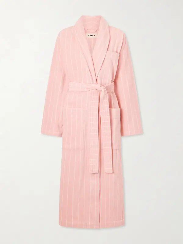 TEKLA Belted Striped Cotton-terry Robe - Pink