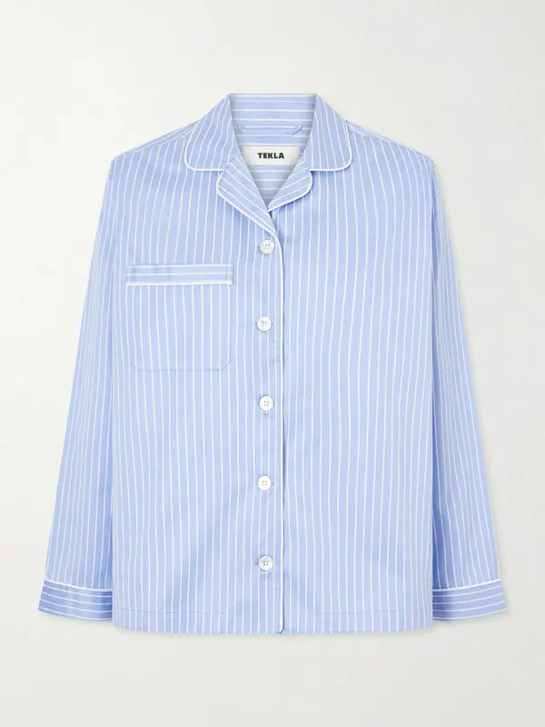 TEKLA Striped Organic Cotton Pajama Shirt - Blue