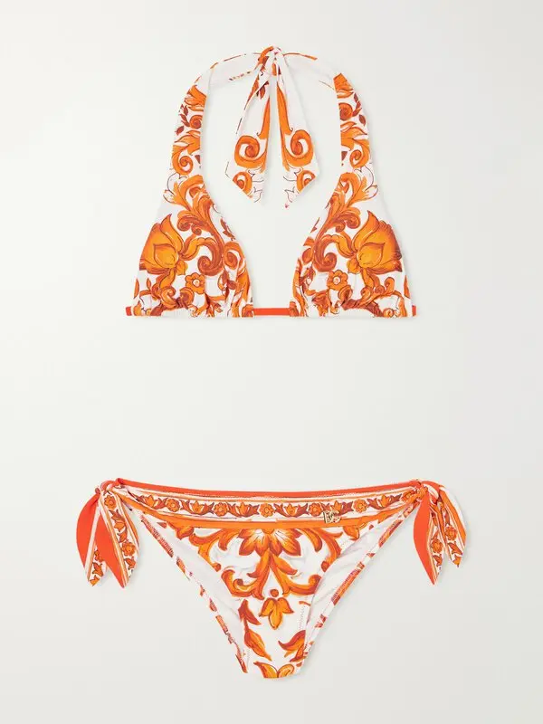 Dolce & Gabbana Majolica Knotted Printed Halterneck Bikini - Orange