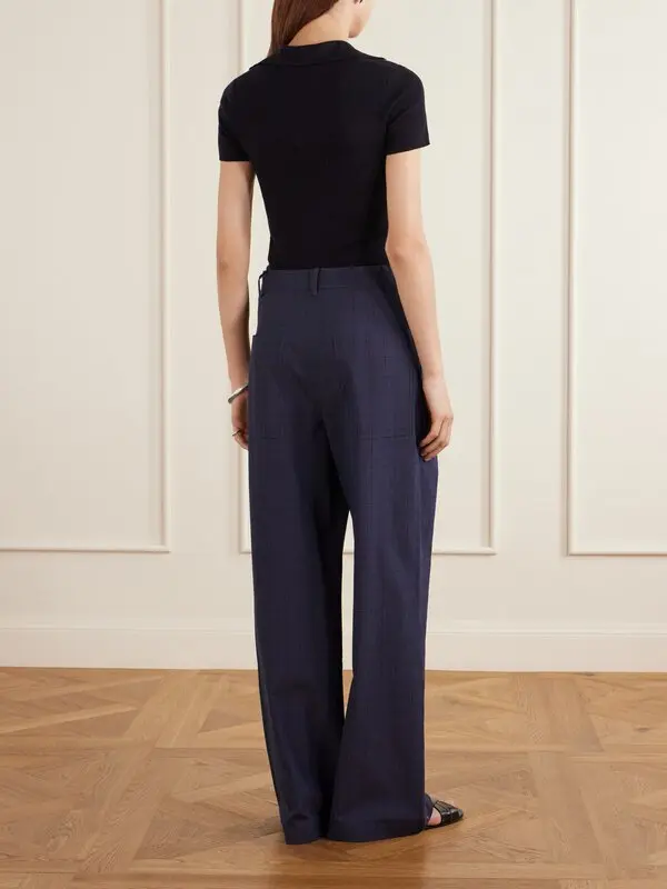 Tibi Stella Pleated Checked Wool And Cotton-blend Wide-leg Pants