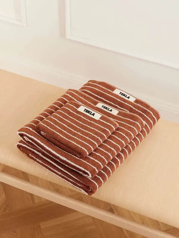 TEKLA Set Of Three Organic Cotton-terry Striped Towels - Orange