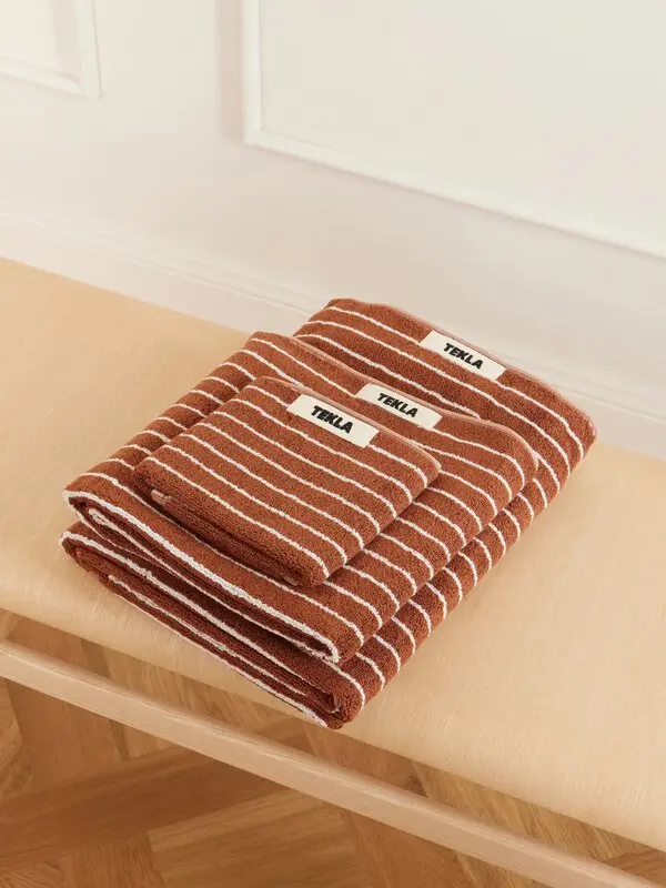 TEKLA Set Of Three Organic Cotton-terry Striped Towels - Orange