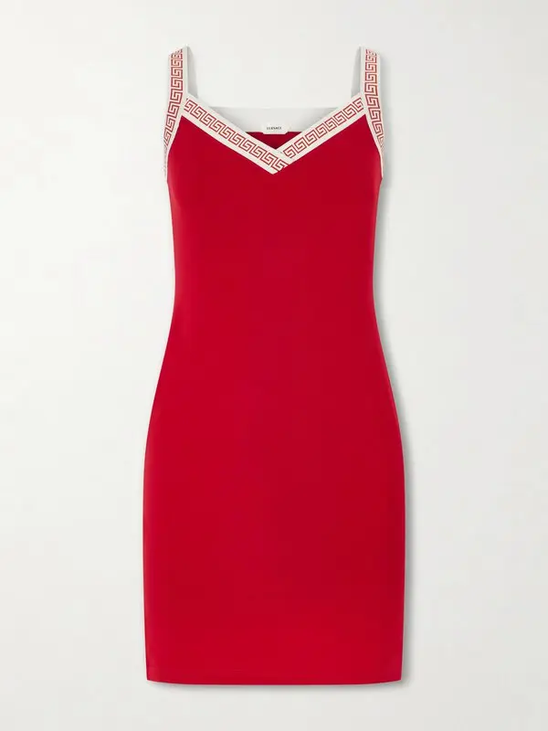 Versace Logo-jacquard Stretch Cotton-jersey Mini Dress - Red