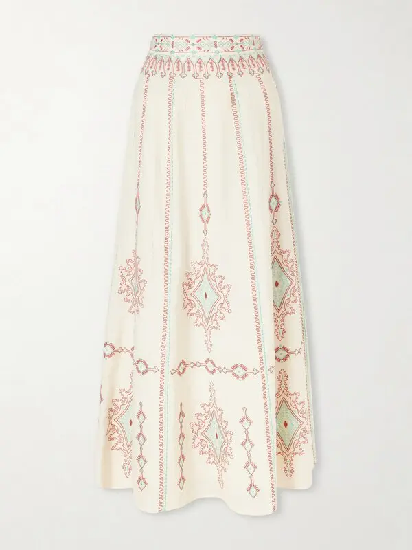 EMPORIO SIRENUSE Camille Embroidered Linen And Cotton-blend Midi Skirt - Neutrals