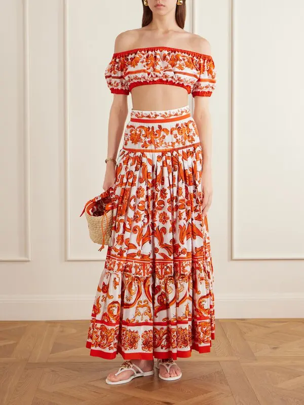 Dolce & Gabbana Printed Cotton-poplin Off-the-shoulder Cropped Top - Orange