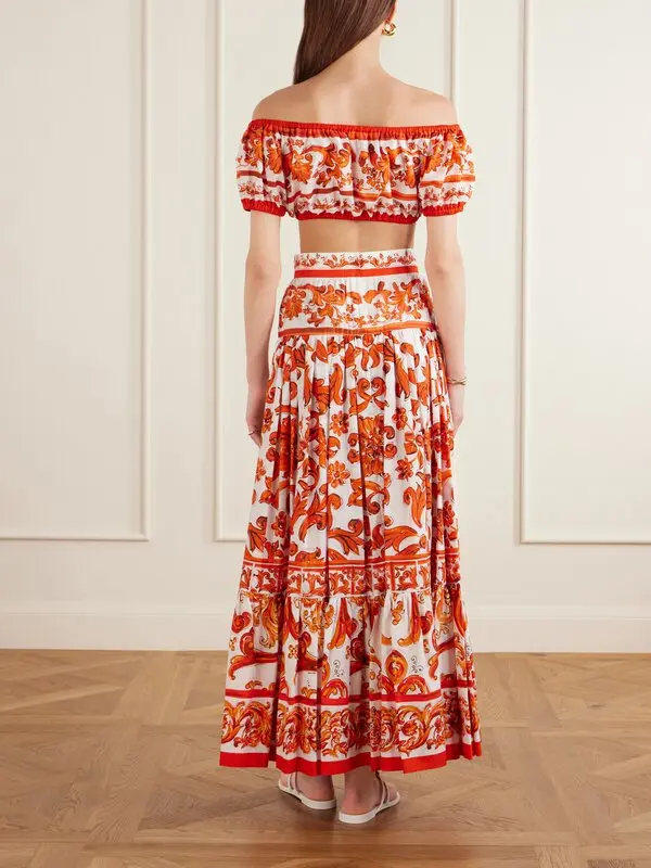 Dolce & Gabbana Printed Cotton-poplin Off-the-shoulder Cropped Top - Orange
