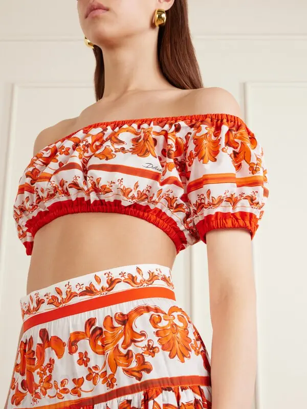 Dolce & Gabbana Printed Cotton-poplin Off-the-shoulder Cropped Top - Orange