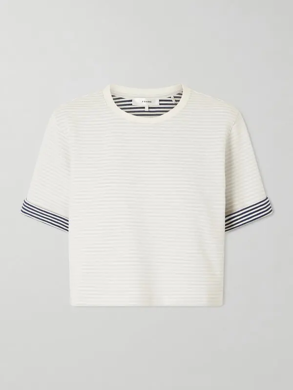 FRAME Striped Cuff Pima Cotton T-shirt - Neutrals