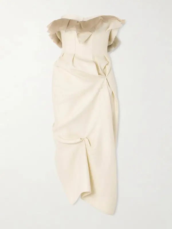 Khaite Salm Strapless Ruffled Wool And Silk-blend Midi Dress - Neutrals