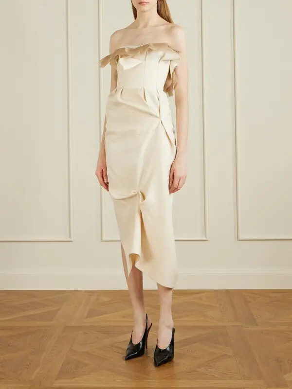 Khaite Salm Strapless Ruffled Wool And Silk-blend Midi Dress - Neutrals