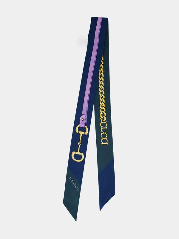 Gucci Navy And Dark Green Printed Silk Twill Ribbon - Blue