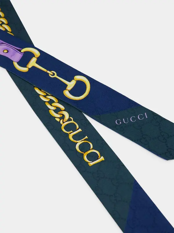 Gucci Navy And Dark Green Printed Silk Twill Ribbon - Blue
