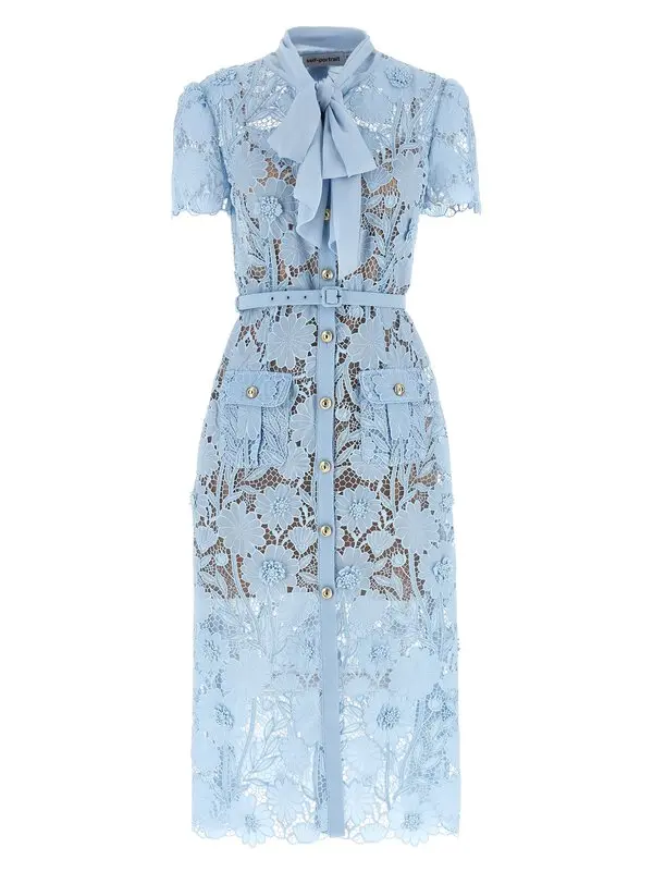 SELF-PORTRAIT Lace Tie Neck Midi Dress - Blue