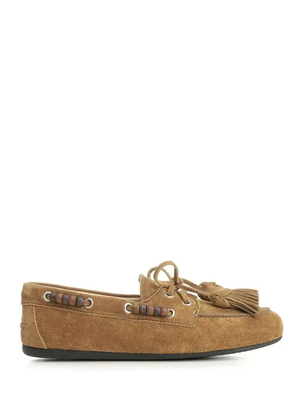 Miu Miu Deck" Suede Loafers With Wooden Bead Embellishments - Brown