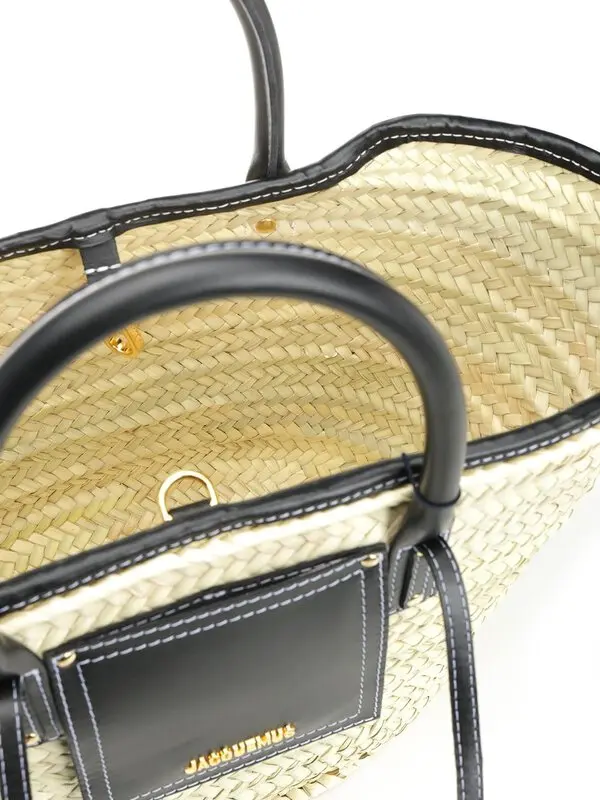 Jacquemus Soli Straw Bag With Leather Trim - Black