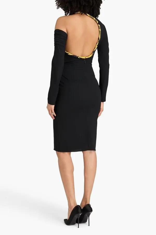 Versace One-shoulder Draped Stretch-crepe Dress With Logo Embellishment