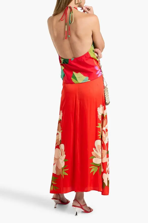 Farm Rio Printed Linen-blend Halterneck Top