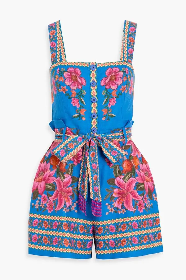 Farm Rio Belted Floral-print Linen-blend Playsuit - Blue