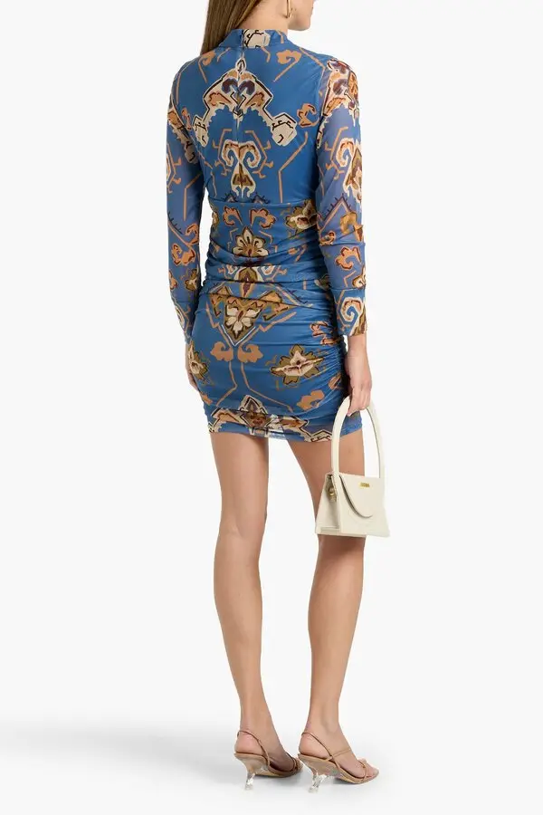 Farm Rio Ruched Printed Mesh Mini Dress