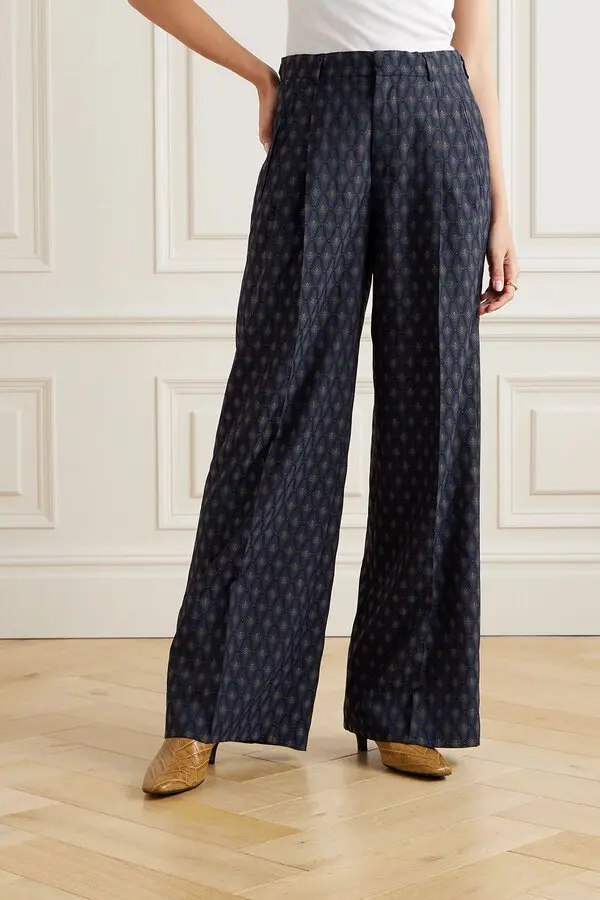 Etro Pleated Jacquard Wide-leg Wool And Cotton-blend Pants