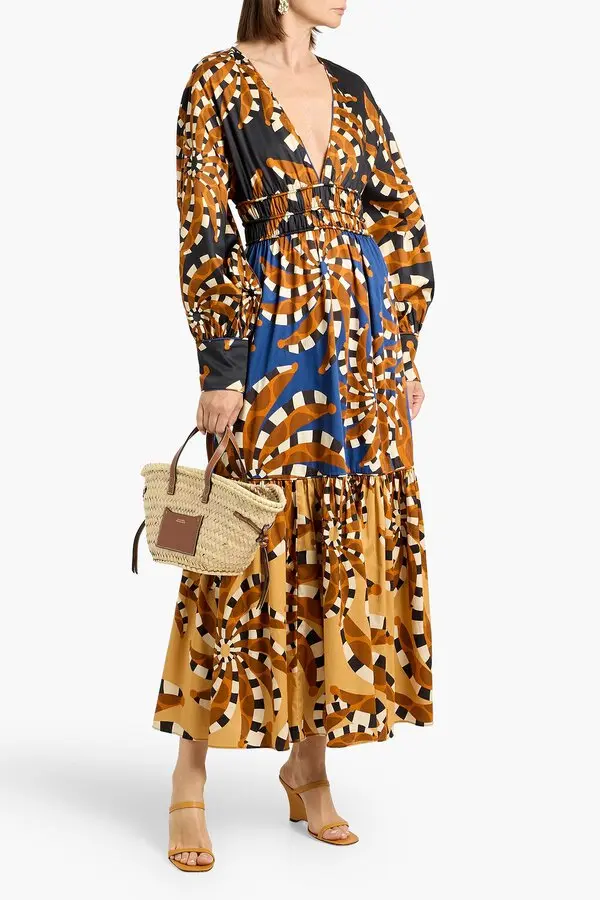 Farm Rio Ruched Printed Cotton-blend Poplin Maxi Dress