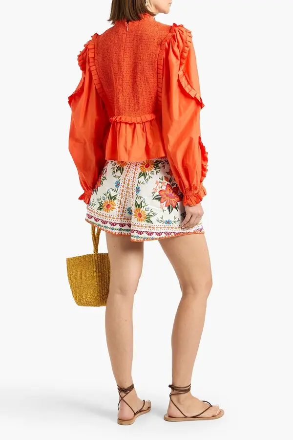 Farm Rio Shirred Ruffled Cotton-voile Blouse