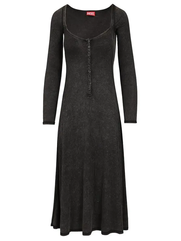 DIESEL® Ribbed Jersey Midi Dress With Henley Neckline - Black