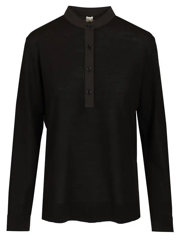 TOTEME Long-sleeved Wool And Silk Half-buttoned Shirt - Black