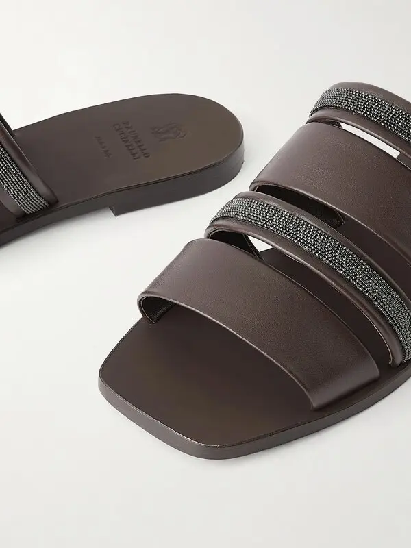 Brunello Cucinelli Embellished Leather Slide Sandals
