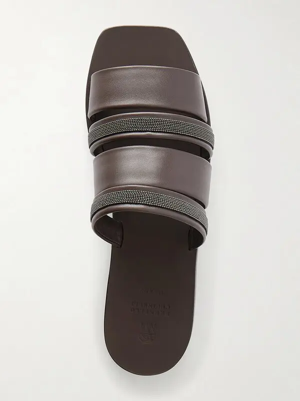 Brunello Cucinelli Embellished Leather Slide Sandals