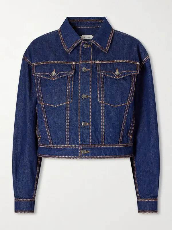 Versace Denim Cropped Jacket With Contrast Stitching - Blue
