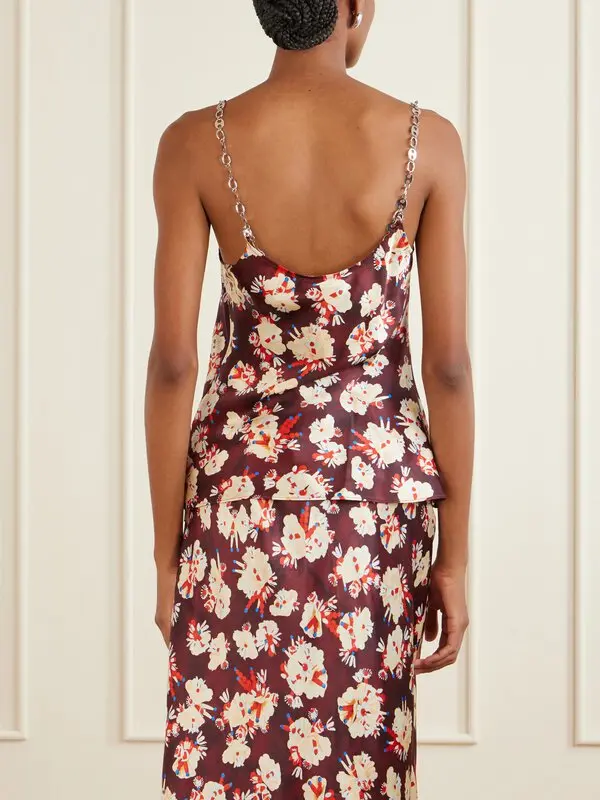 Rabanne Chainmail-embellished Floral-print Silk Tank - Burgundy