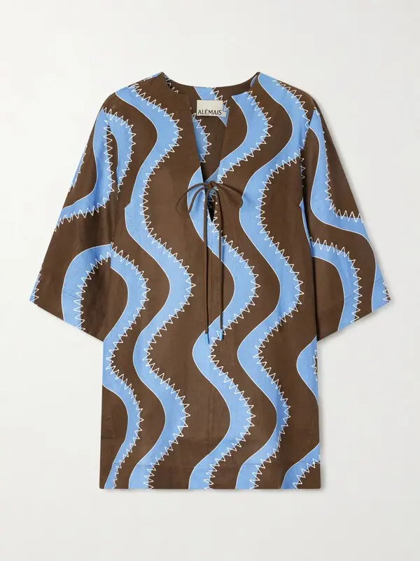 ALEMAIS Frankie Printed Embroidered Linen Mini Dress - Blue