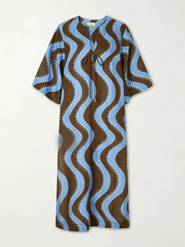 ALEMAIS Frankie' Tie-detailed Embroidered Linen Midi Dress - Blue