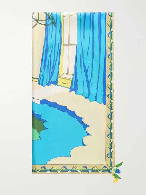 Tory Burch The Pool Embellished Printed Silk-twill Scarf - Blue