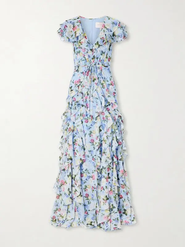 Carolina Herrera Ruffled Floral-printed Silk Chiffon Gown - Blue