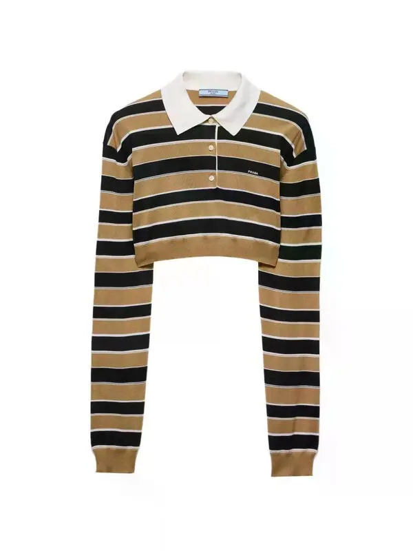 Prada Cropped Striped Silk Polo Shirt - Neutrals