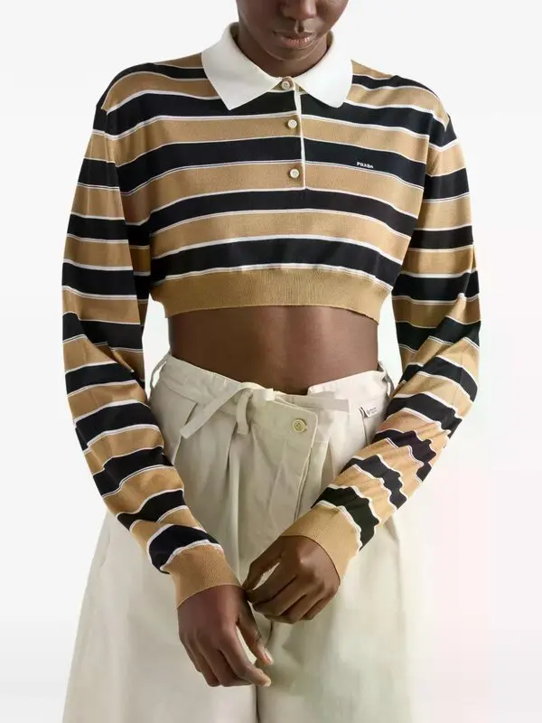 Prada Cropped Striped Silk Polo Shirt