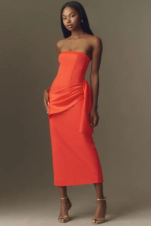 Bhldn Strapless Corset Bustier Maxi Dress With Draping - Cherry Tomato