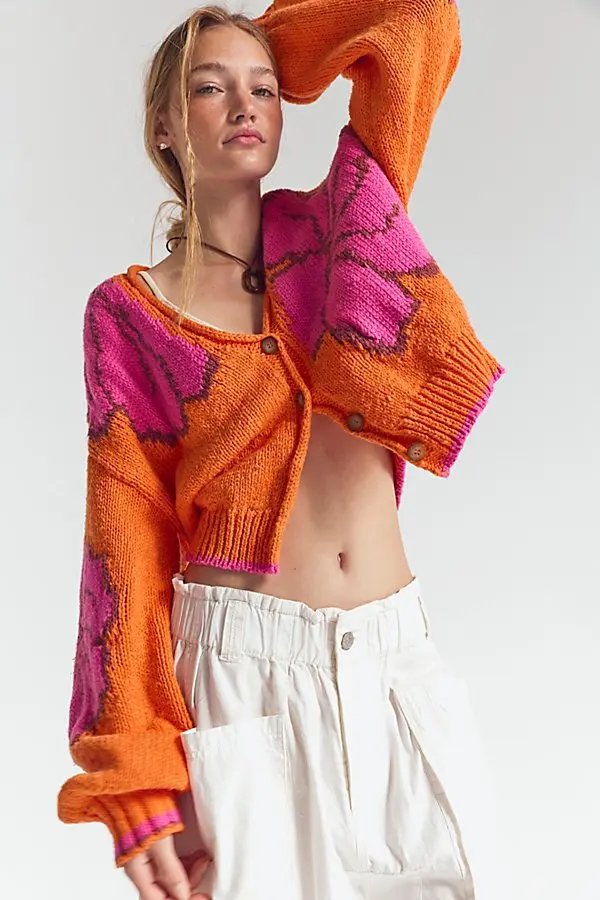 Free People Sunny Patterned Cardigan - Orange Hibiscus