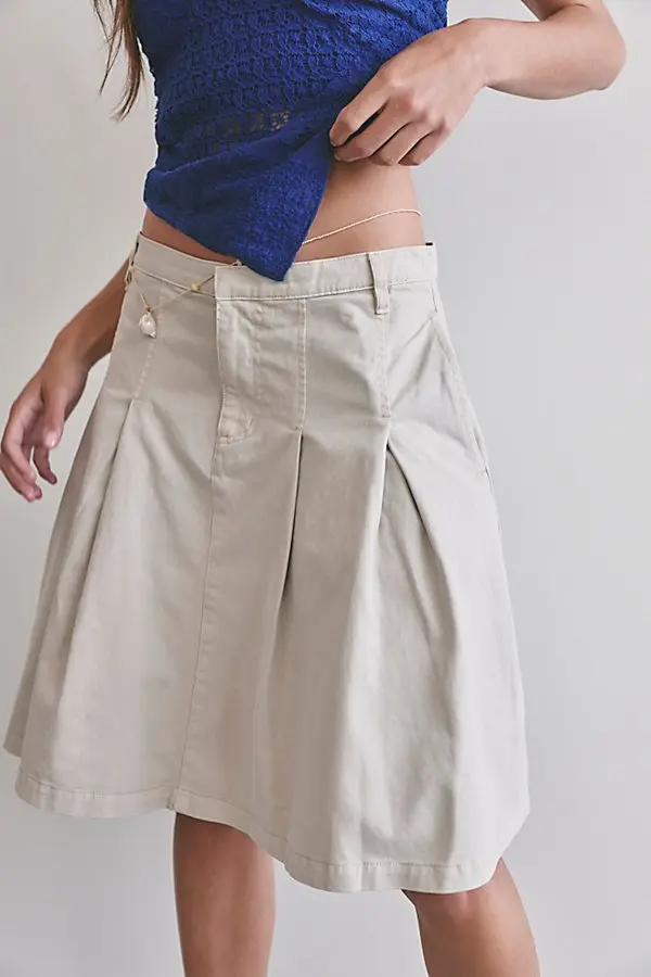 Free People Chino Pleated Midi Skirt - Morning Oat