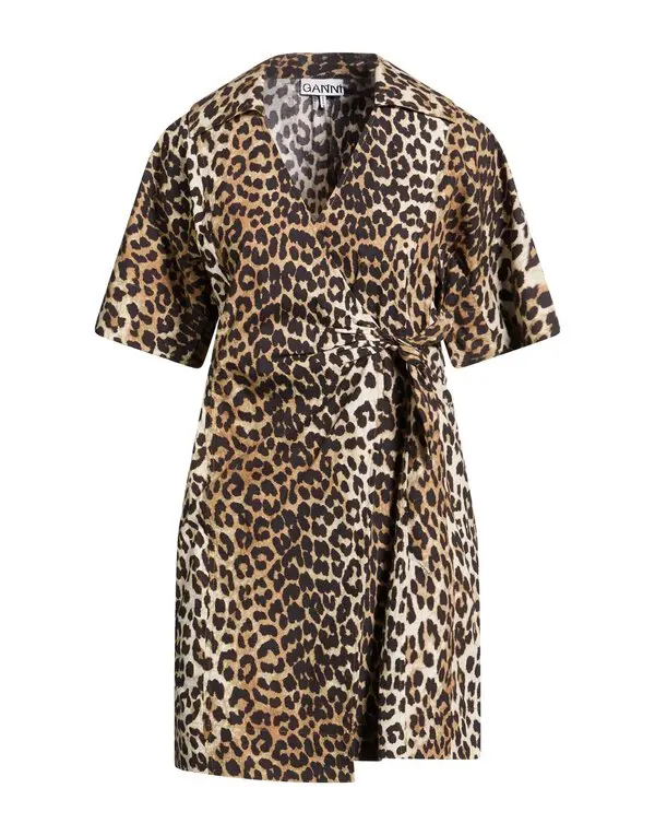 GANNI Leopard Print Organic Cotton Wrap Mini Dress